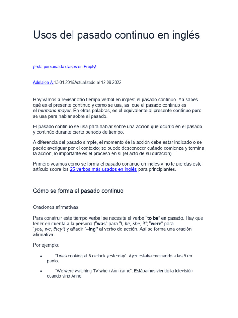 Usos y Formación del Pasado Continuo | PDF | Gramática inglesa | Verbo