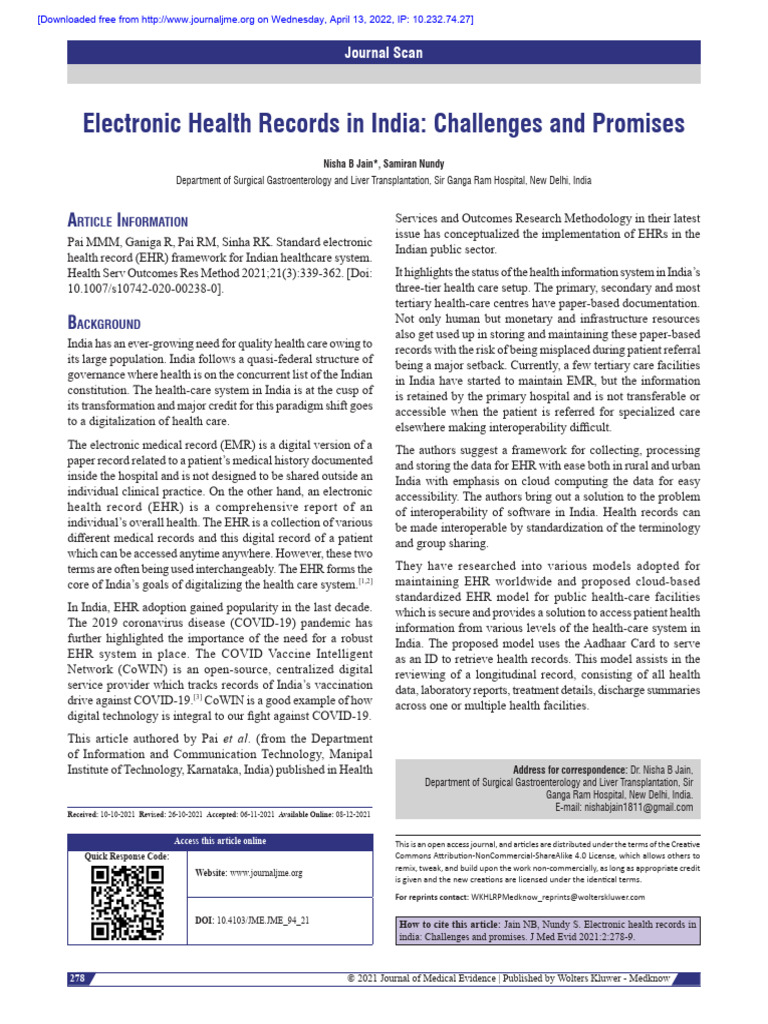 Electronic Health Records in India Challenges and | PDF | Electronic ...