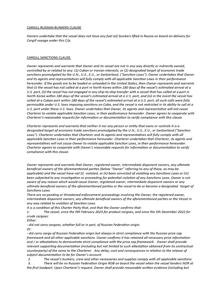 Cargill Sanctions and Bunkers Clause | PDF | Breach Of Contract | Indemnity
