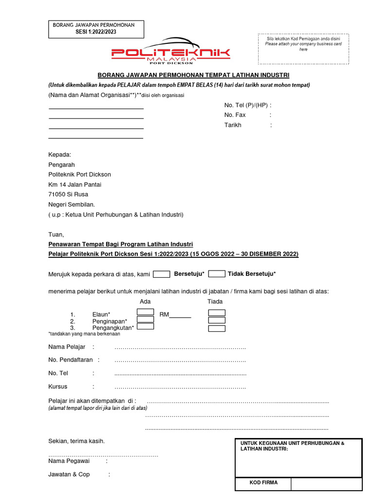 Borang Jawapan Latihan Industri 2022/2023 | PDF