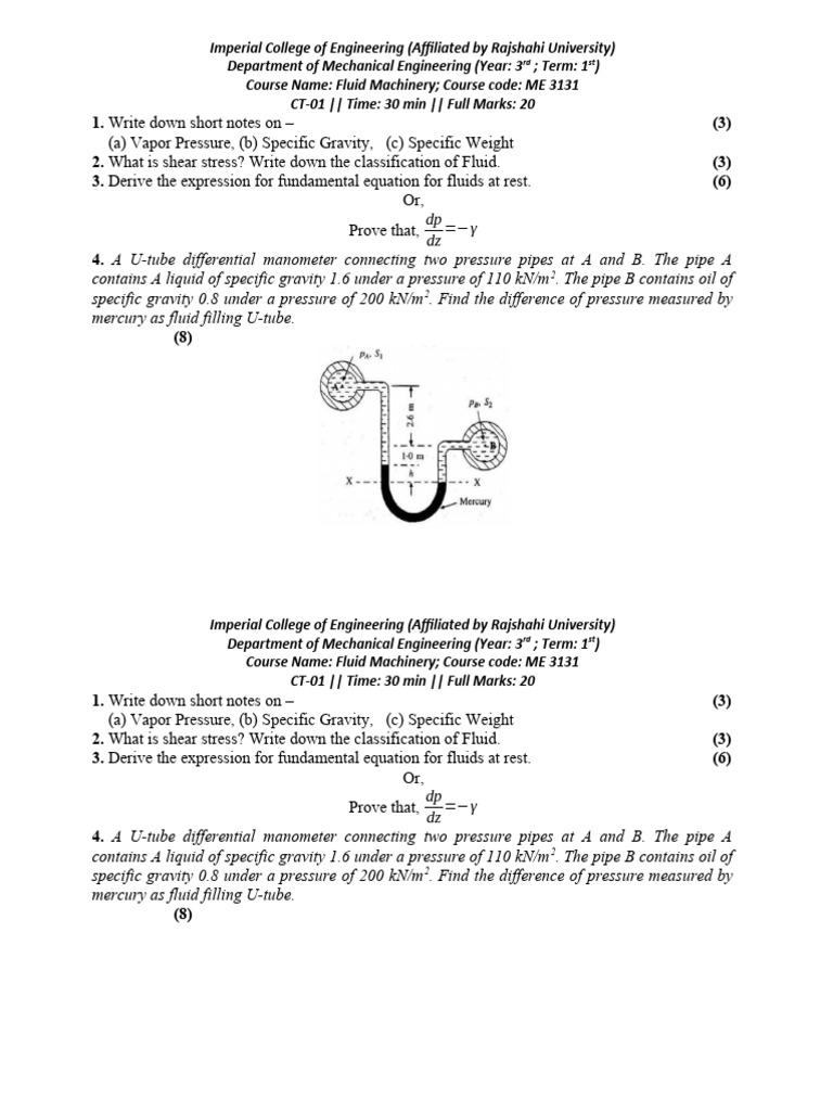 Class Test_1 (Fluid Mechanics I) | PDF