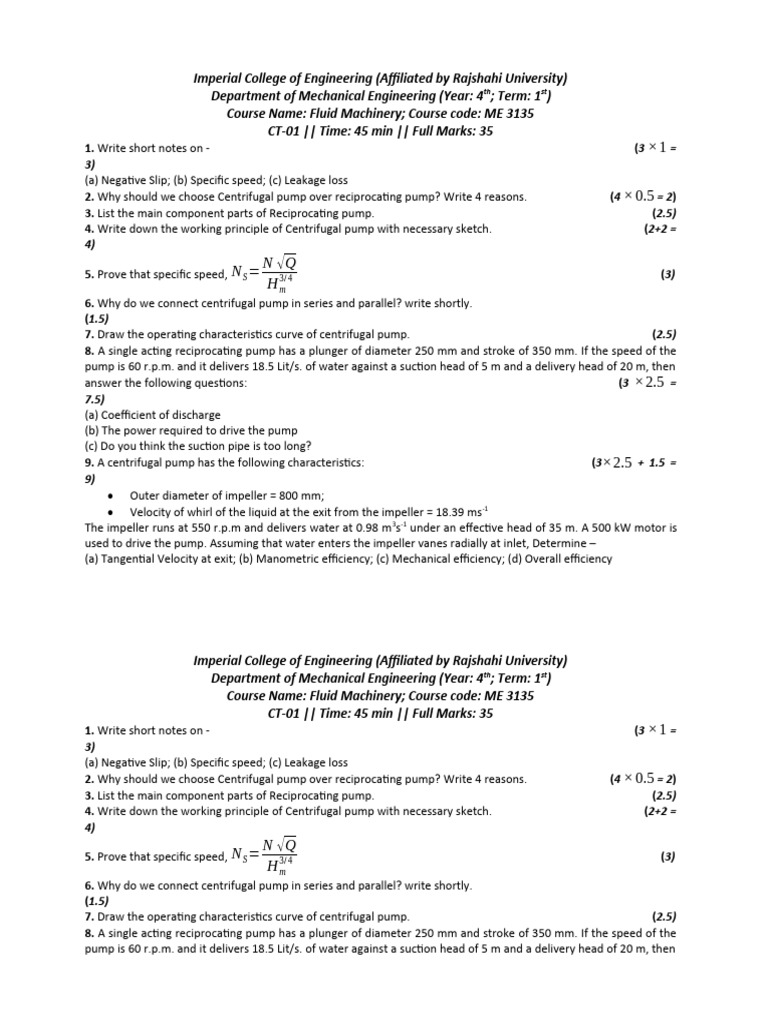 Class Test - 1 (Reciprocating - Centrifugal Pump) | Download Free PDF ...