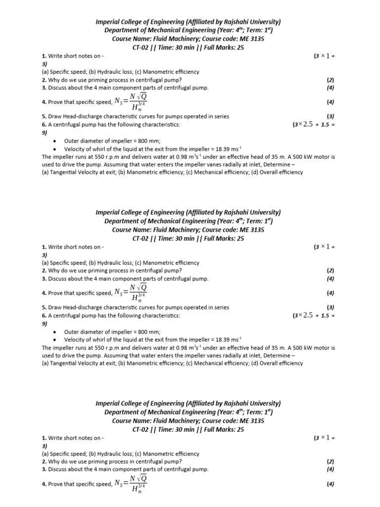Class Test - 2 (Centrifugal Pump) | Download Free PDF | Pump | Fluid ...