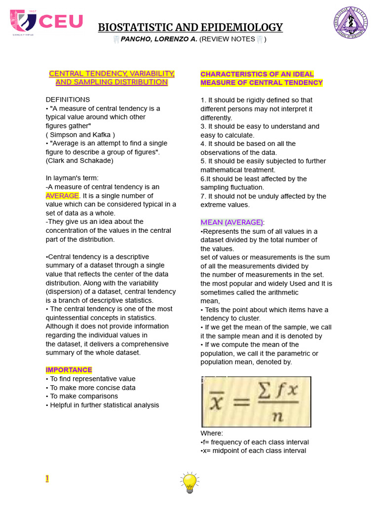 Central Tendency Variability And Sampling Distribution Pnch Pdf Mode Statistics Mean