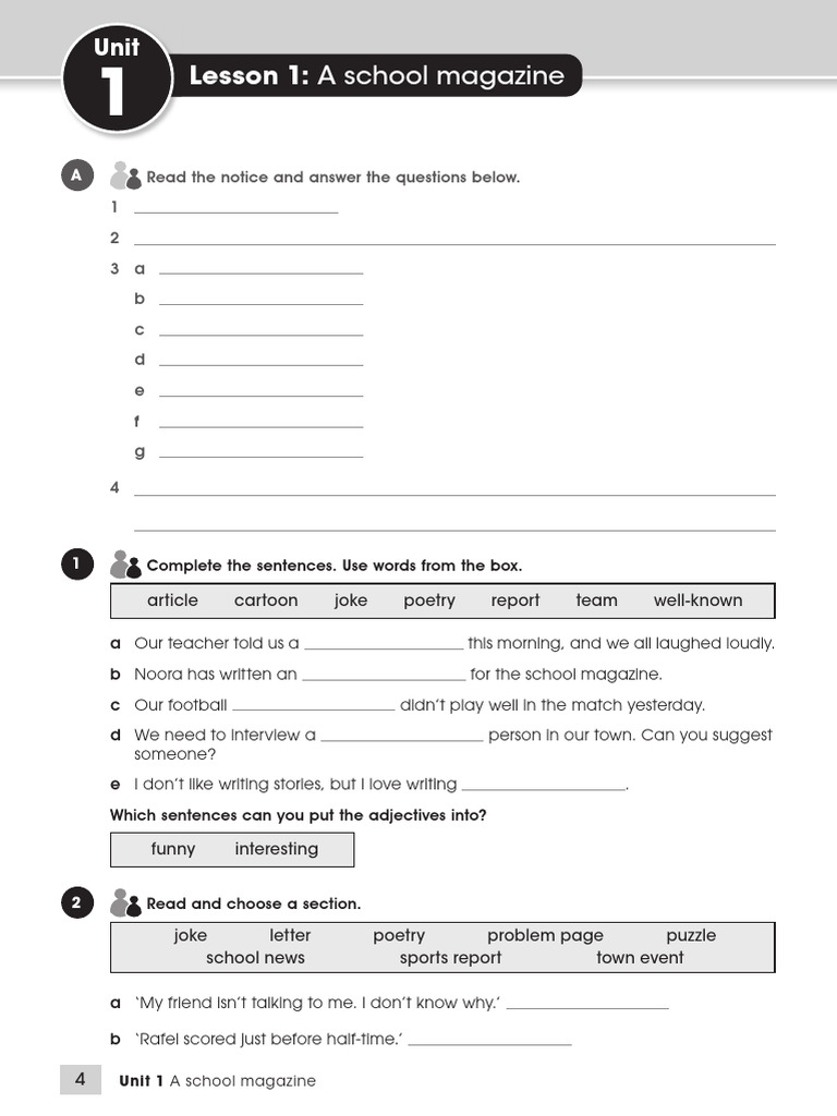 Lesson 1: A School Magazine: Read The Notice and Answer The Questions Below. 1 2 3 A B C D e F G ...