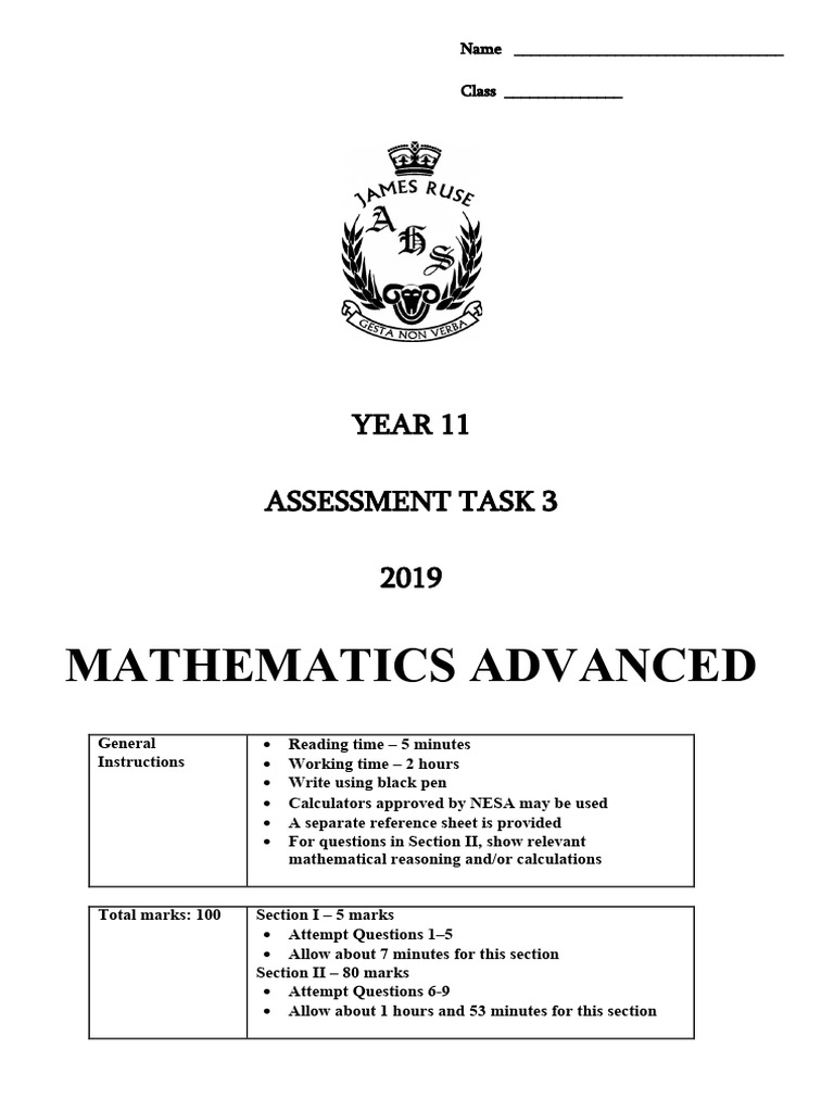 James Ruse 2019 2U Prelim Yearly & Solutions | PDF | Circle | Function ...
