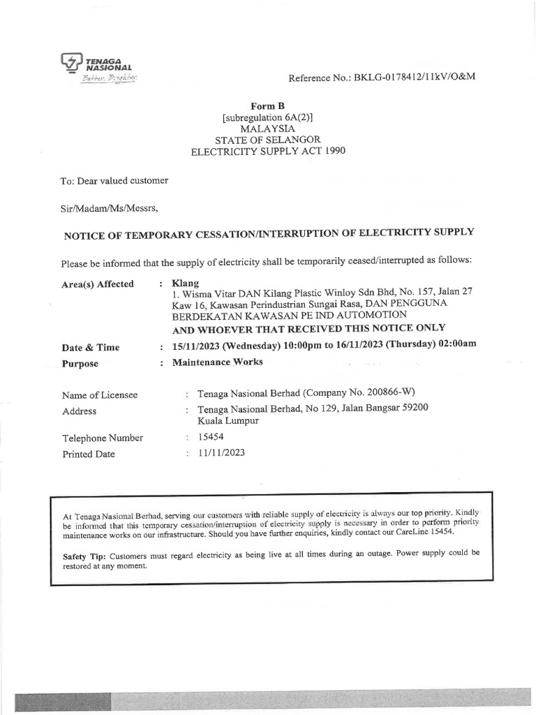 Temporary Interruption of Electricity | PDF