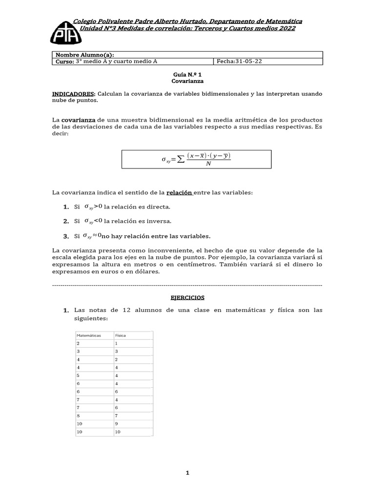Guia de Correlación Lineal | PDF | Covarianza | Matemáticas