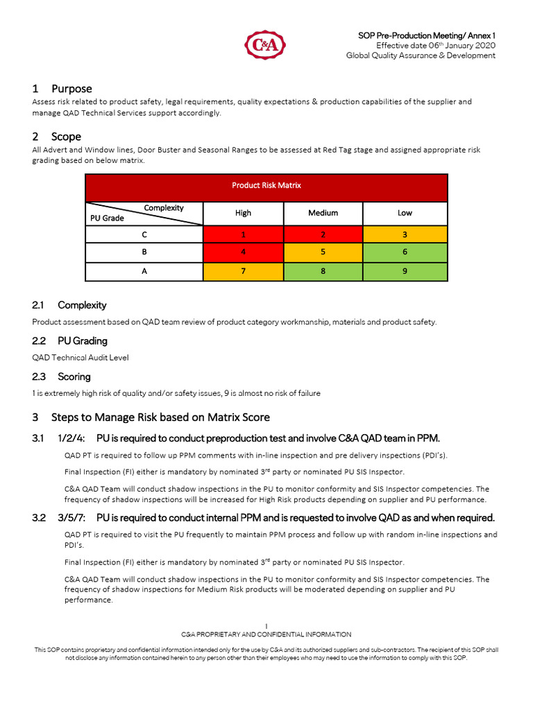Annex 1 SOP Pre-Production Meeting - Product Risk Assessment Matrix ...