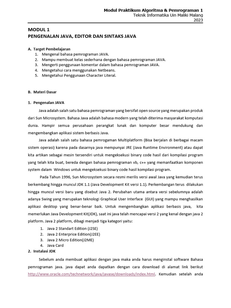 Modul 1 - Pengenalan JAVA | PDF