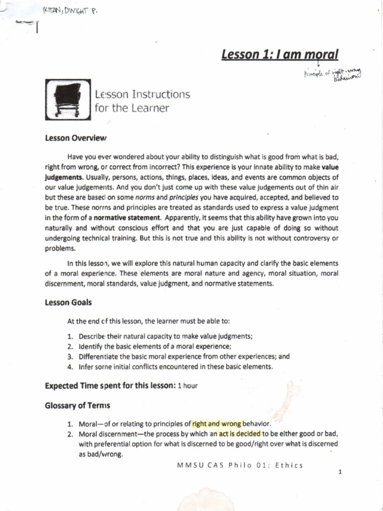 Lesson 1 I Am Moral | PDF | Morality | Experience