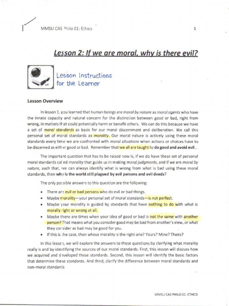 Lesson 2 If We Are Moral, Why Is There Evil | PDF | Morality | Rituals