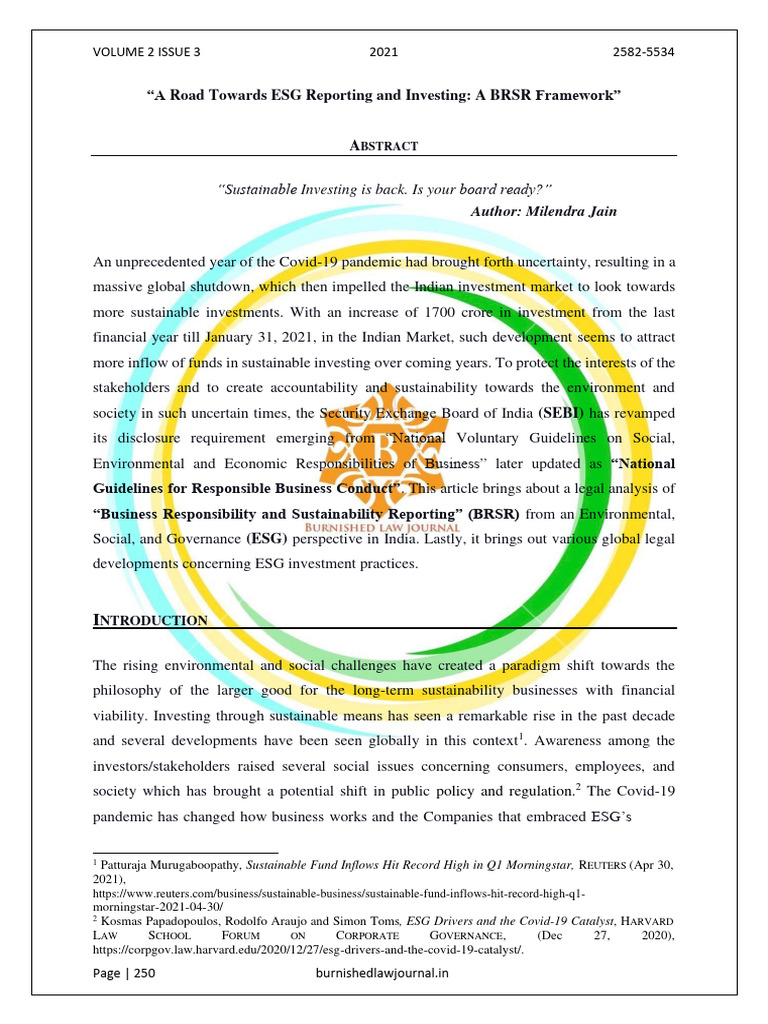 A Road Towards ESG Reporting and Investing A BRSR Framework by Milendra Jain | PDF | Corporate ...