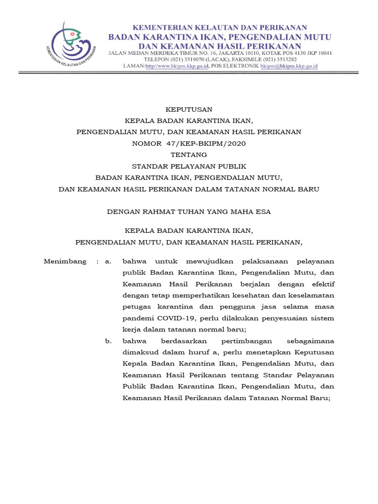 47 KEP BKIPM 2020 Standar Pelayanan BKIPM DLM Tatanan Normal Baru. | PDF