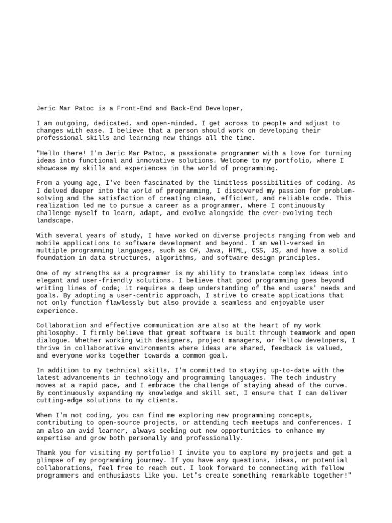 About Me Idea Jeric Mar Patoc | PDF | Computer Programming | Programmer