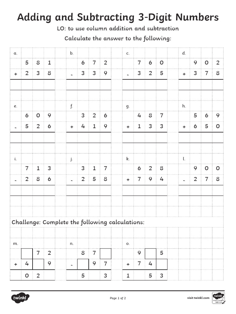 t2 M 770 Adding and Subtracting 3 Digit Numbers in A Column Mixed ...
