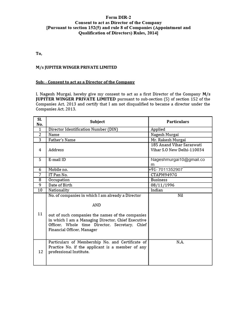Director Consent for Jupiter Winger | PDF | Government | Common Law