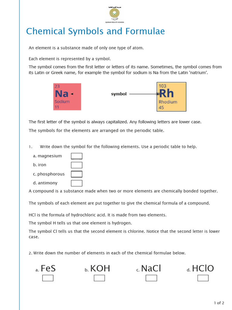 Chemical Symbols and Formulae Worksheet (Interactive) | PDF | Chemical ...