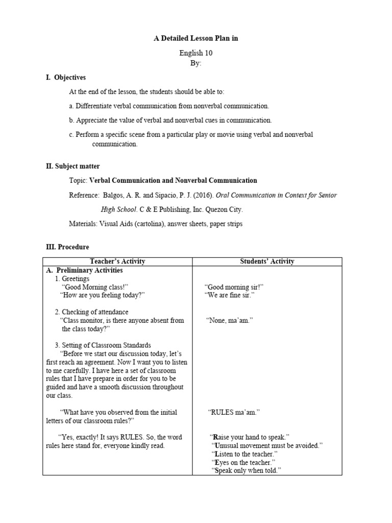 Sample Lesson Plan | PDF | Communication | Nonverbal Communication