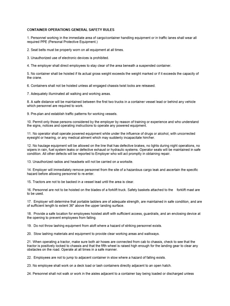 Container Operations Safety Rules | PDF | Truck | Forklift