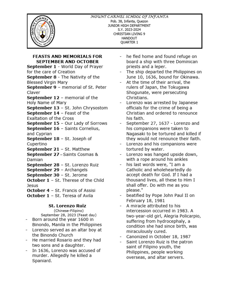 Handout For 1 Q9 | PDF | Paul The Apostle | Jesus