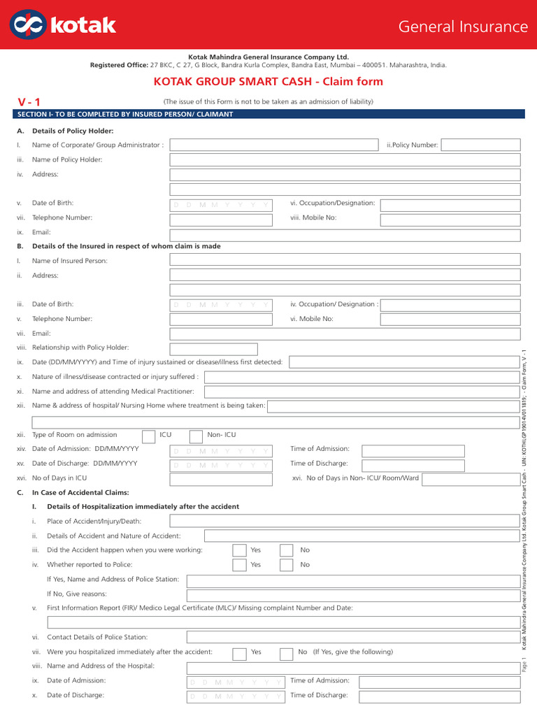 Kotak Group Smart Cash Claim Form 01 | PDF | Hospital | Insurance