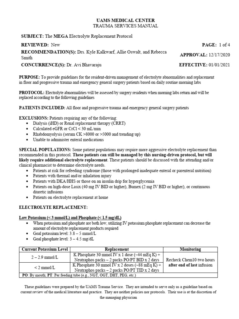 Trauma EGS MEGA Electrolyte Protocol | PDF | Causes Of Death | Medicine