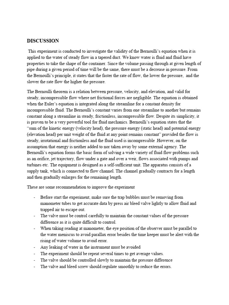 Bernoulli Theorem Lab Report | PDF | Fluid Dynamics | Pressure Bernoulli Theorem Lab Report | PDF | Fluid Dynamics | Pressure