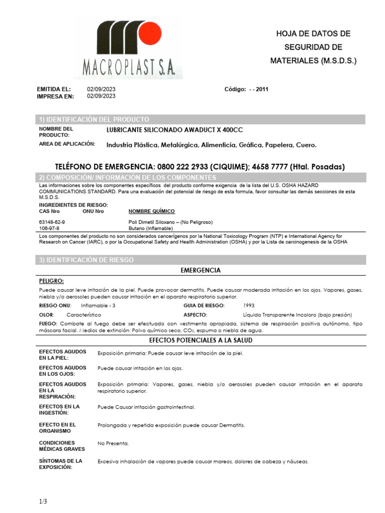 Msds Desmo Siliconado Macroplast2023 | PDF | Agua | Contaminación