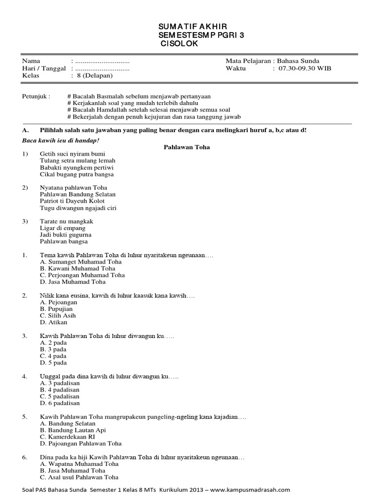 PAS Bahasa Sunda Kls 8 | PDF