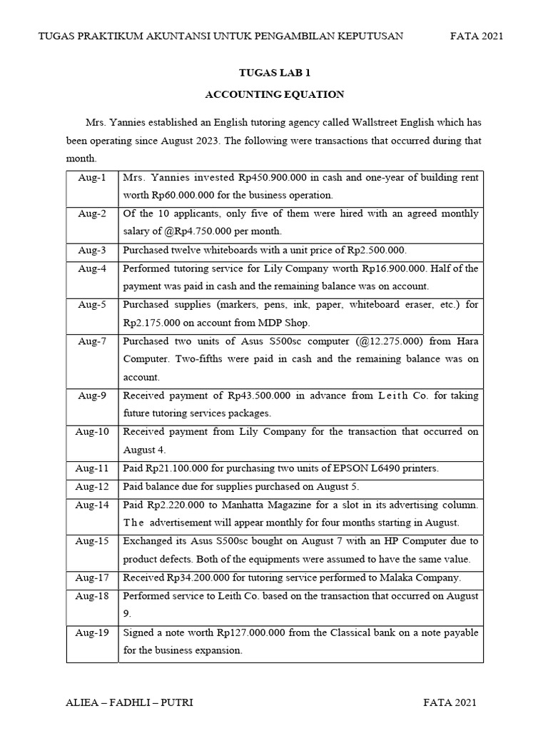 Soal Dan Jawaban Tugas Lab 1 - Accounting Equation | PDF | Revenue | Expense