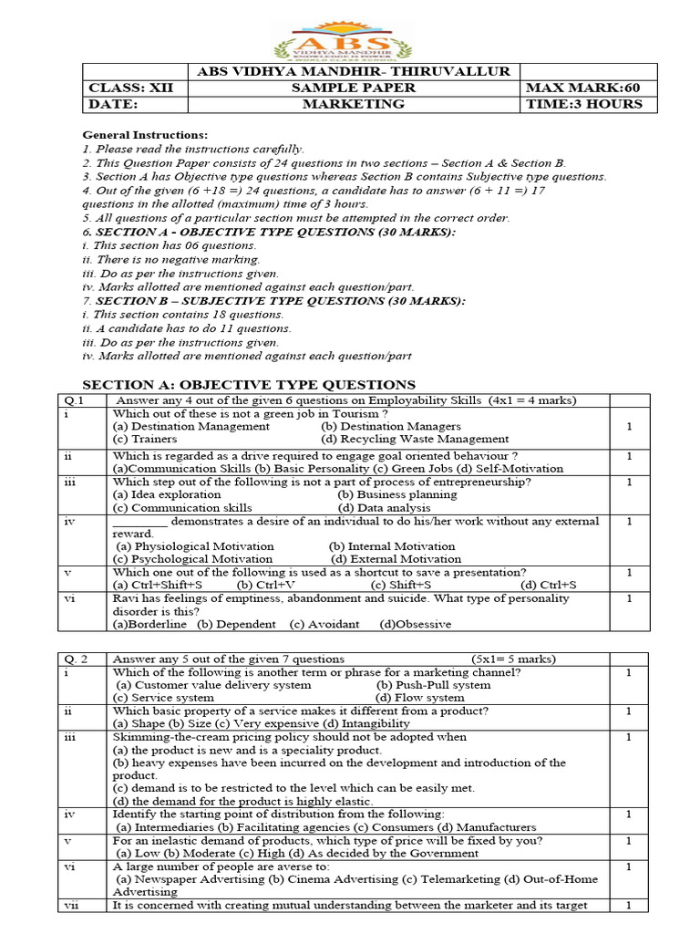 Class 12 Marketing Sample Question Paper ABS Vidhya Mandhir | PDF ...