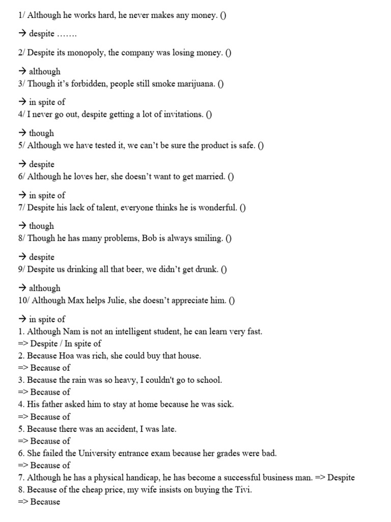 Because - Although Exercises | PDF