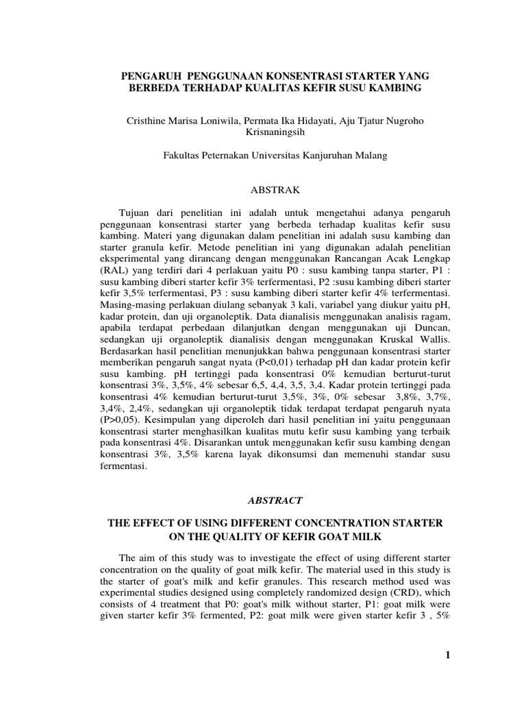 Pengaruh Penggunaan Konsentrasi Starter Yang Berbeda Terhadap Kualitas Kefir Susu Kambing | PDF