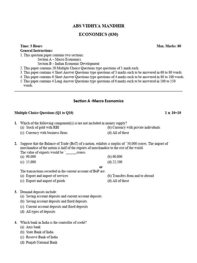 Class 12 CBSE Economics Sample Paper | PDF | Economies | Money