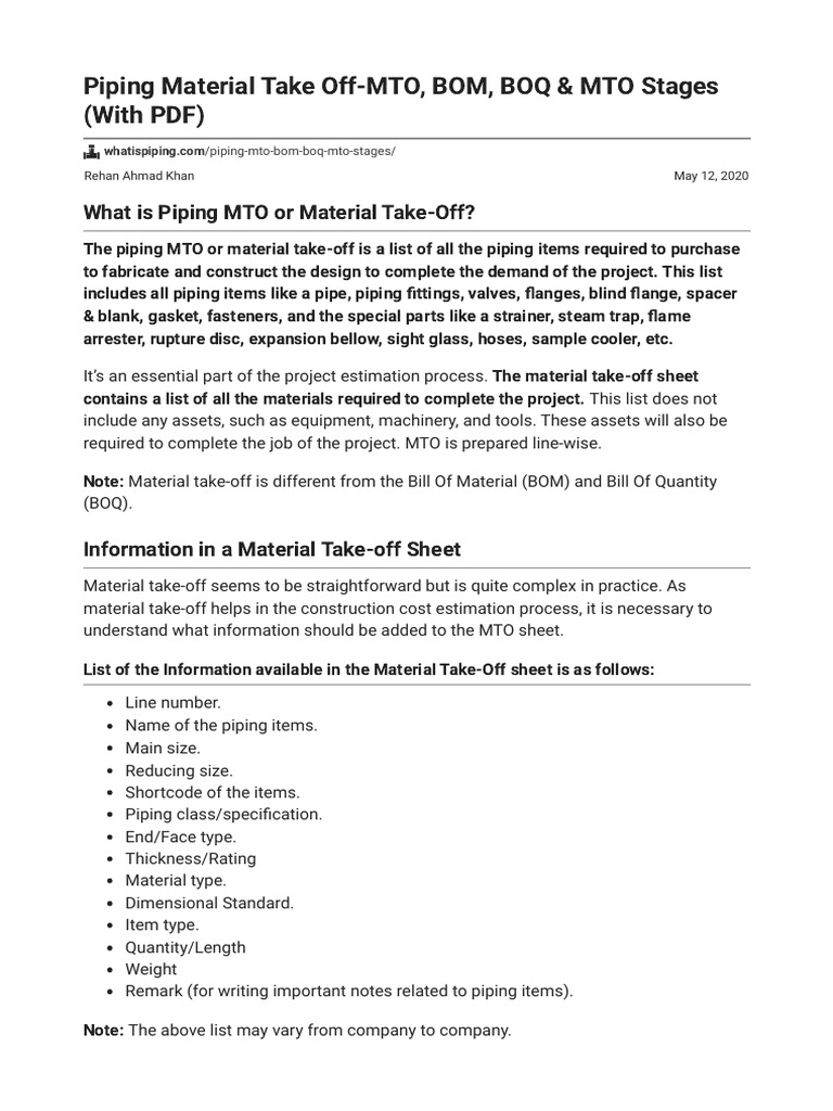 Piping Material Take Off-MTO, BOM, BOQ & MTO Stages (With PDF | PDF ...