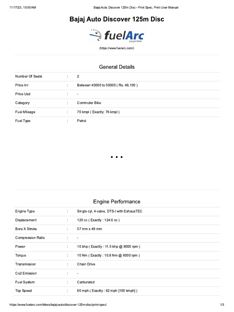 Bajaj Auto Discover 125m Disc - Print Spec, Print User Manual | PDF