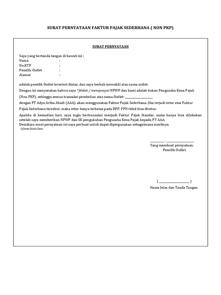 Surat Pernyataan Faktur Pajak Sederhana (Non-Pkp) | PDF
