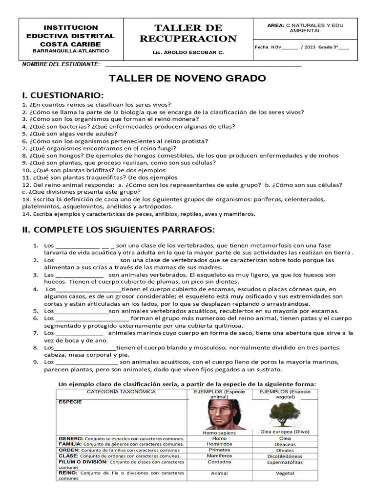 Taller de Reinos de La Naturaleza Noveno Grado | PDF | Cianobacterias | Las bacterias