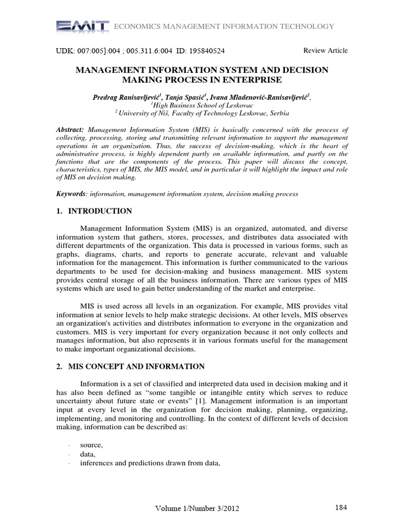 Management Information System and Decision Making Process In | PDF ...