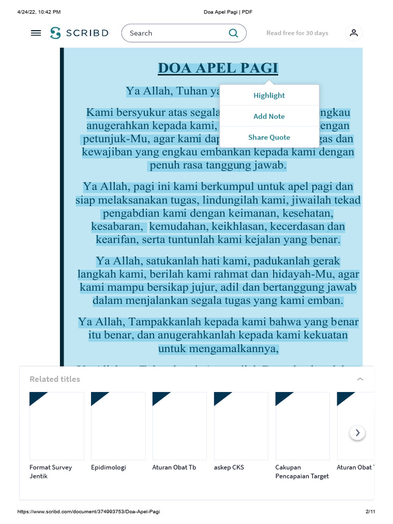 Doa Apel Pagi - PDF | PDF