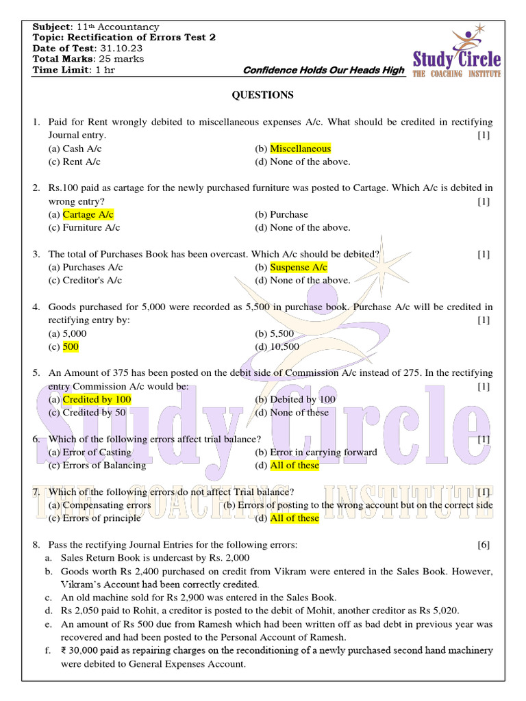 Answer Key of Rectification of Errors 2 | PDF | Debits And Credits | Business