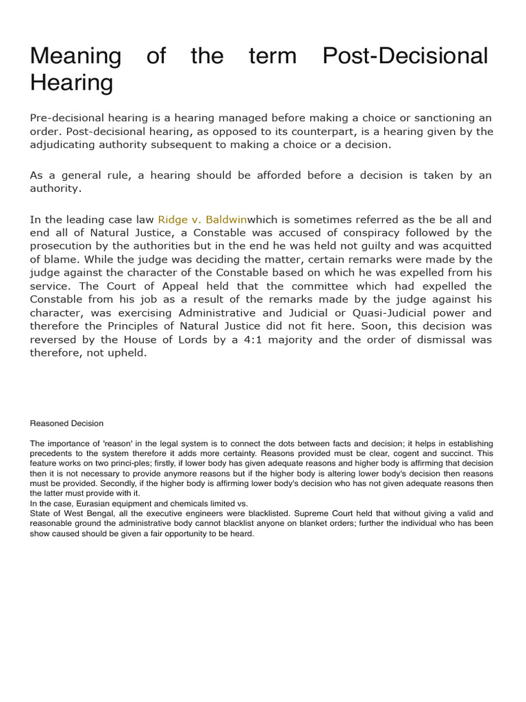 Meaning of The Term Post-Decisional Hearing | PDF
