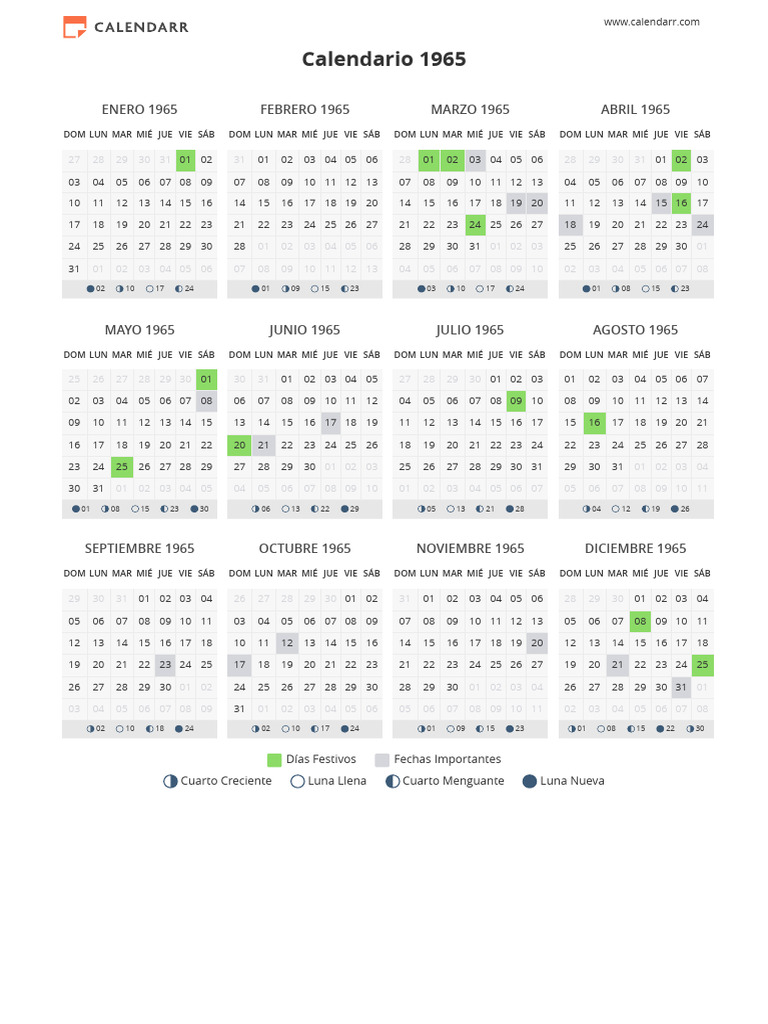Calendario 1965 para Imprimir - Calendarr | PDF | Observancias