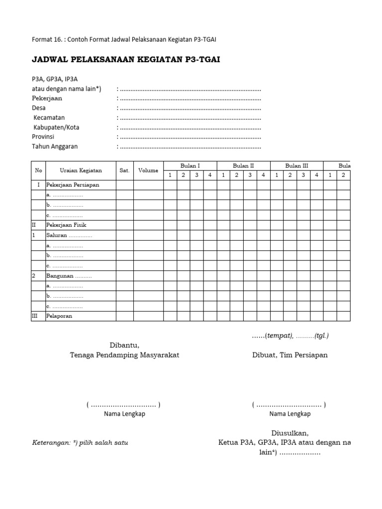 Format 16 - Contoh Format Jadwal Pelaksanaan Kegiatan P3-TGAI | PDF