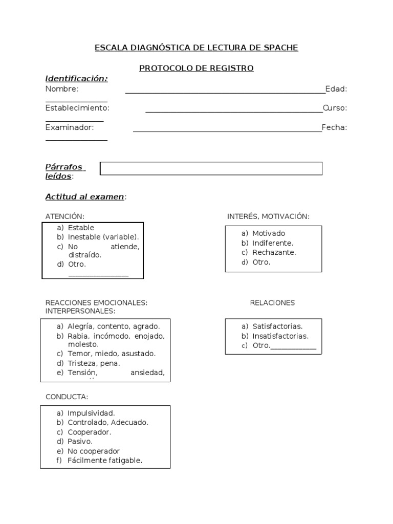 Protocolo Escalas Diagnostic As SPACHE | PDF | León | Lectura (proceso)