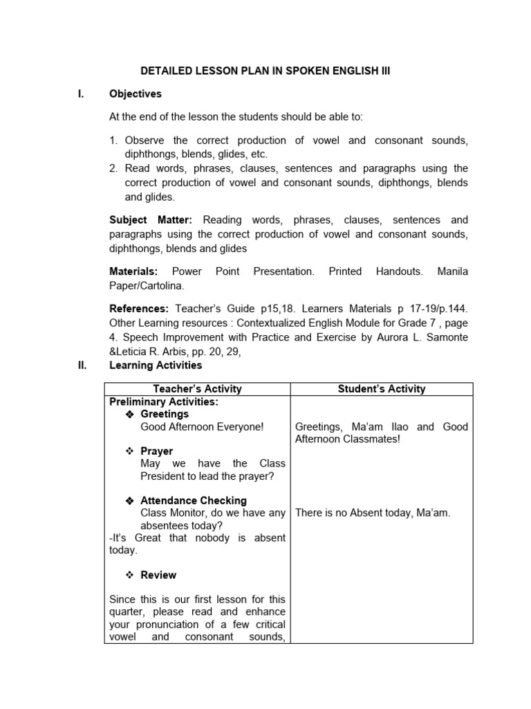 Eng17 Lesson Plan | PDF | Vowel | Consonant