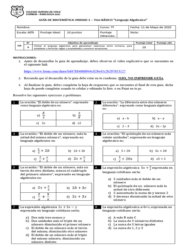 Matematica - Guía Algebra 7° Basico | Descargar gratis PDF | Matemáticas