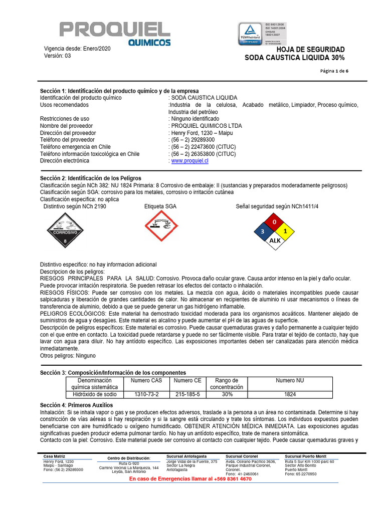 Soda Caustica Liquida 30% - HSDS-V3 | PDF | Agua | Quemar