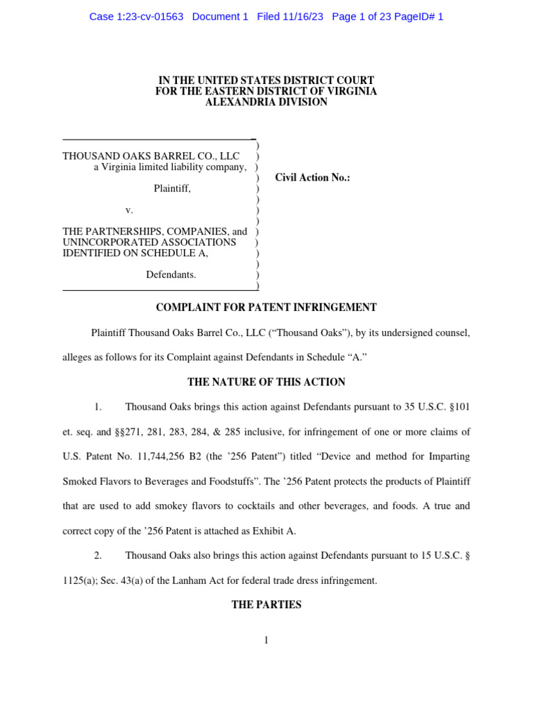 Thousand Oaks Barrel v. Schedule A (EDVA) - UP Complaint | PDF | Legal ...